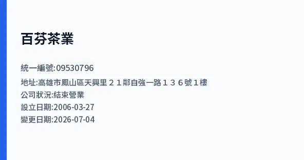 百芬茶業的照片-統編 09530796(高雄市) 公司登記資料與營業項目詳細圖表
