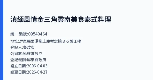 滇緬風情金三角雲南美食泰式料理的照片-統編 09540464(屏東縣) 公司登記資料與營業項目詳細圖表