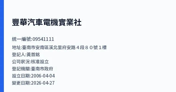 豐華汽車電機實業社的照片-統編 09541111(臺南市) 公司登記資料與營業項目詳細圖表