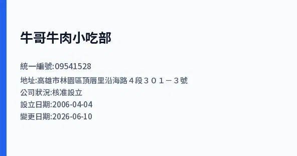 牛哥牛肉小吃部的照片-統編 09541528(高雄市) 公司登記資料與營業項目詳細圖表
