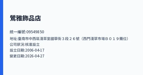 鶯雅飾品店的照片-統編 09549850(臺南市) 公司登記資料與營業項目詳細圖表
