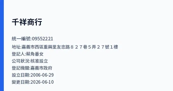 千祥商行的照片-統編 09552221(嘉義市) 公司登記資料與營業項目詳細圖表