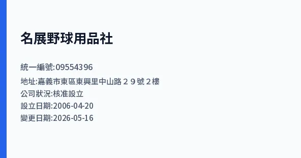 名展野球用品社的照片-統編 09554396(嘉義市) 公司登記資料與營業項目詳細圖表