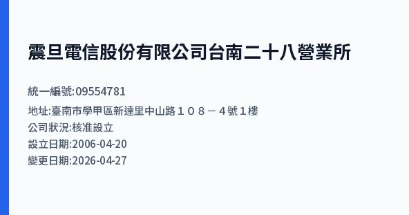 震旦電信股份有限公司台南二十八營業所的照片-統編 09554781(臺南市) 公司登記資料與營業項目詳細圖表