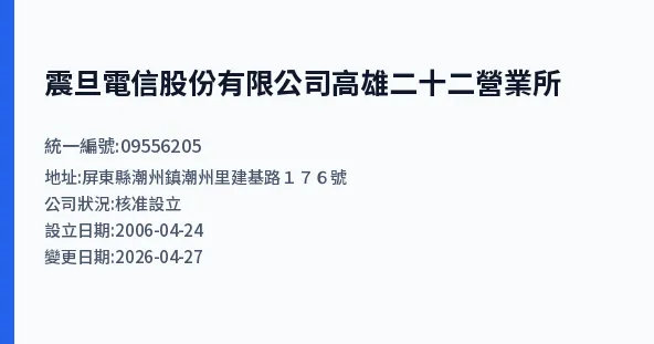 震旦電信股份有限公司高雄二十二營業所的照片-統編 09556205(屏東縣) 公司登記資料與營業項目詳細圖表