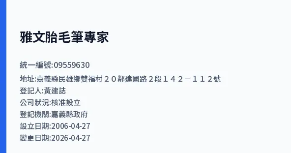 雅文胎毛筆專家的照片-統編 09559630(嘉義縣) 公司登記資料與營業項目詳細圖表