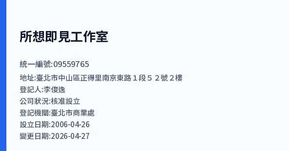 所想即見工作室的照片-統編 09559765(臺北市) 公司登記資料與營業項目詳細圖表