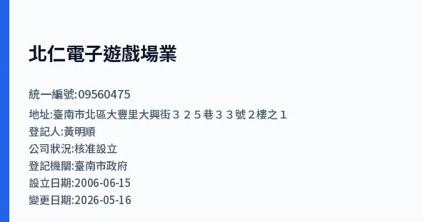 北仁電子遊戲場業的照片-統編 09560475(臺南市) 公司登記資料與營業項目詳細圖表