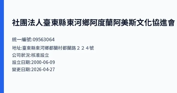 社團法人臺東縣東河鄉阿度蘭阿美斯文化協進會的照片-統編 09563064(臺東縣) 公司登記資料與營業項目詳細圖表