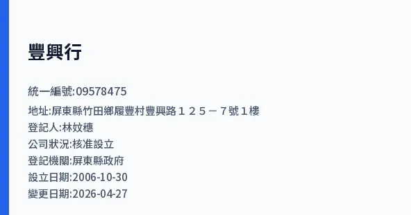 豐興行的照片-統編 09578475(屏東縣) 公司登記資料與營業項目詳細圖表