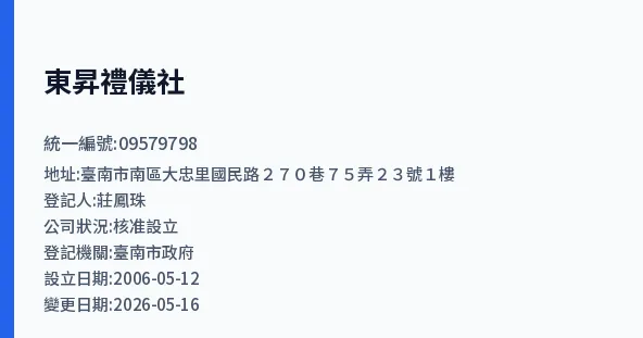東昇禮儀社的照片-統編 09579798(臺南市) 公司登記資料與營業項目詳細圖表