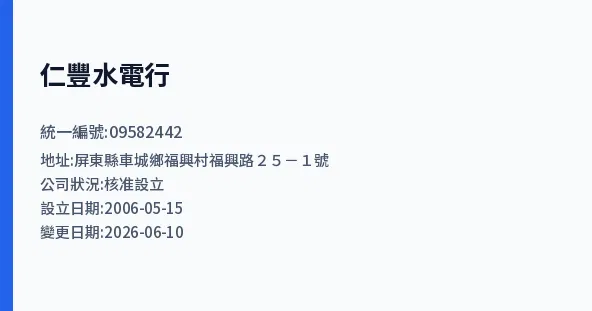 仁豐水電行的照片-統編 09582442(屏東縣) 公司登記資料與營業項目詳細圖表