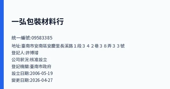 一弘包裝材料行的照片-統編 09583385(臺南市) 公司登記資料與營業項目詳細圖表
