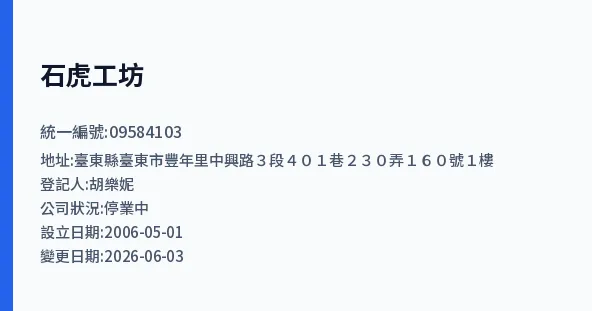 石虎工坊的照片-統編 09584103(臺東縣) 公司登記資料與營業項目詳細圖表
