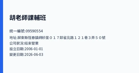 胡老師課輔班的照片-統編 09590554(屏東縣) 公司登記資料與營業項目詳細圖表