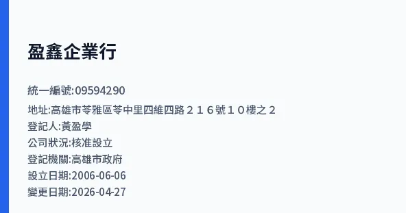 盈鑫企業行的照片-統編 09594290(高雄市) 公司登記資料與營業項目詳細圖表