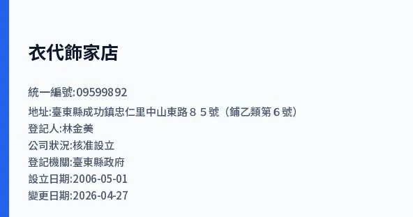 衣代飾家店的照片-統編 09599892(臺東縣) 公司登記資料與營業項目詳細圖表