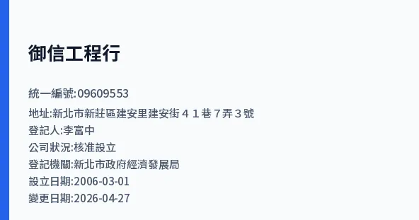 御信工程行的照片-統編 09609553(新北市) 公司登記資料與營業項目詳細圖表