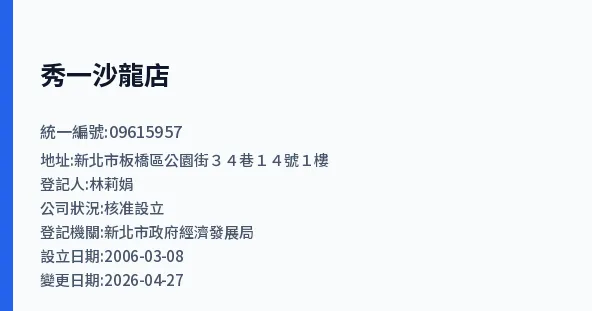 秀一沙龍店的照片-統編 09615957(新北市) 公司登記資料與營業項目詳細圖表
