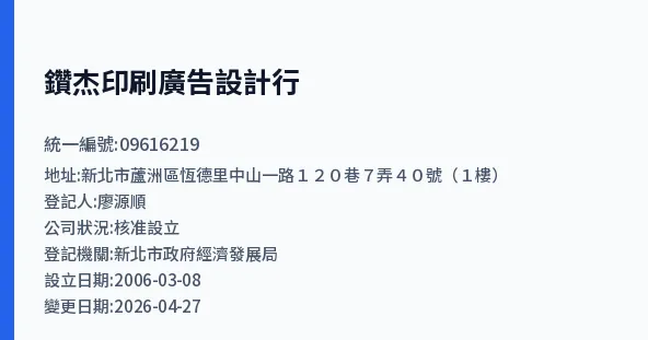 鑽杰印刷廣告設計行的照片-統編 09616219(新北市) 公司登記資料與營業項目詳細圖表