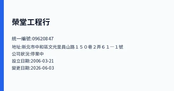 榮堂工程行的照片-統編 09620847(新北市) 公司登記資料與營業項目詳細圖表