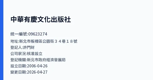 中華有慶文化出版社的照片-統編 09623274(新北市) 公司登記資料與營業項目詳細圖表