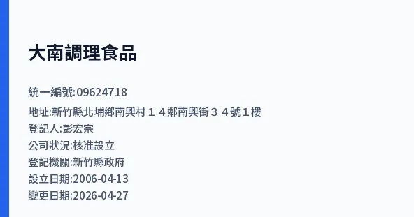 大南調理食品的照片-統編 09624718(新竹縣) 公司登記資料與營業項目詳細圖表