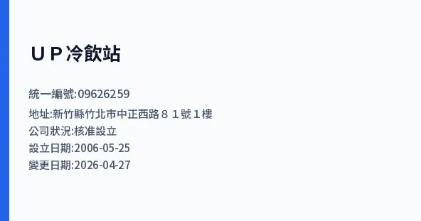 UP冷飲站的照片-統編 09626259(新竹縣) 公司登記資料與營業項目詳細圖表