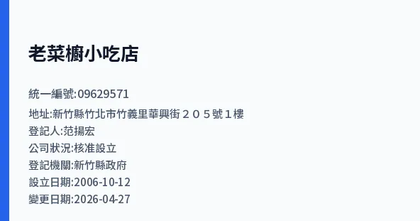 老菜櫥小吃店的照片-統編 09629571(新竹縣) 公司登記資料與營業項目詳細圖表