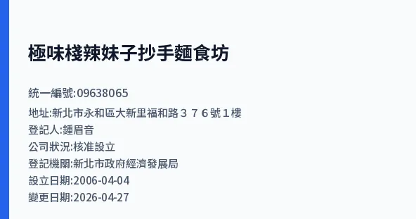 極味棧辣妹子抄手麵食坊的照片-統編 09638065(新北市) 公司登記資料與營業項目詳細圖表