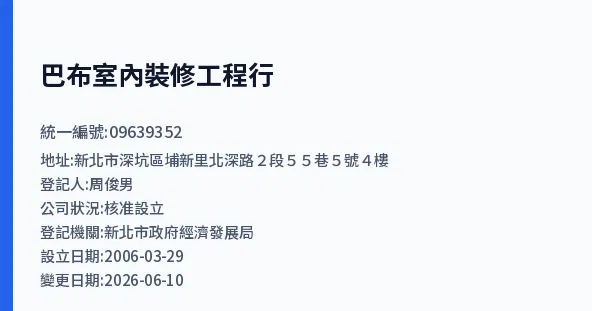 巴布室內裝修工程行的照片-統編 09639352(新北市) 公司登記資料與營業項目詳細圖表