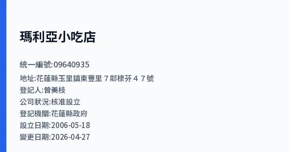 瑪利亞小吃店的照片-統編 09640935(花蓮縣) 公司登記資料與營業項目詳細圖表