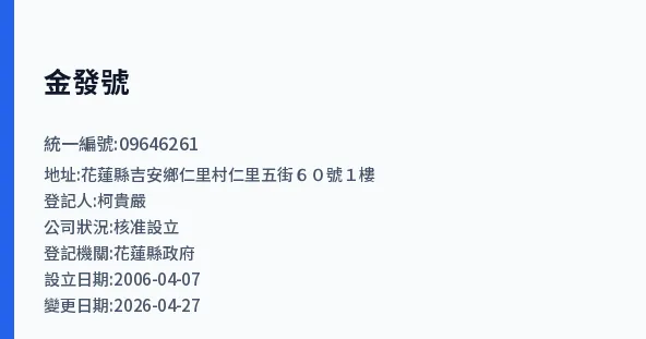 金發號的照片-統編 09646261(花蓮縣) 公司登記資料與營業項目詳細圖表