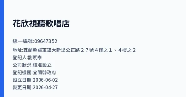 花欣視聽歌唱店的照片-統編 09647352(宜蘭縣) 公司登記資料與營業項目詳細圖表