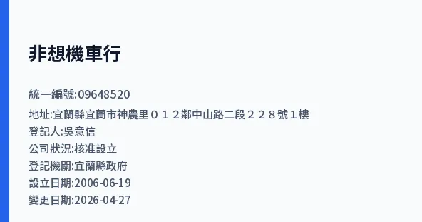 非想機車行的照片-統編 09648520(宜蘭縣) 公司登記資料與營業項目詳細圖表