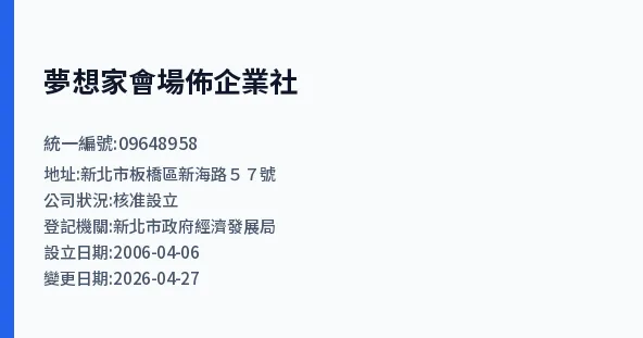 夢想家會場佈企業社的照片-統編 09648958(新北市) 公司登記資料與營業項目詳細圖表