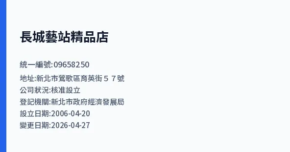 長城藝站精品店的照片-統編 09658250(新北市) 公司登記資料與營業項目詳細圖表