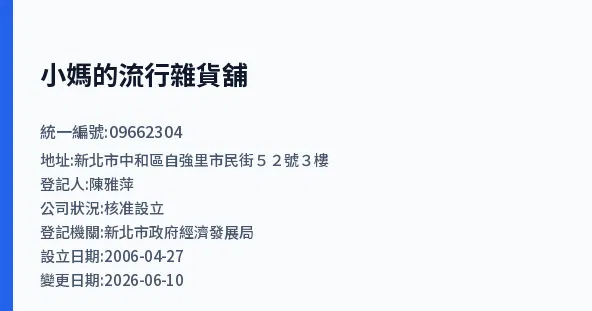 小媽的流行雜貨舖的照片-統編 09662304(新北市) 公司登記資料與營業項目詳細圖表