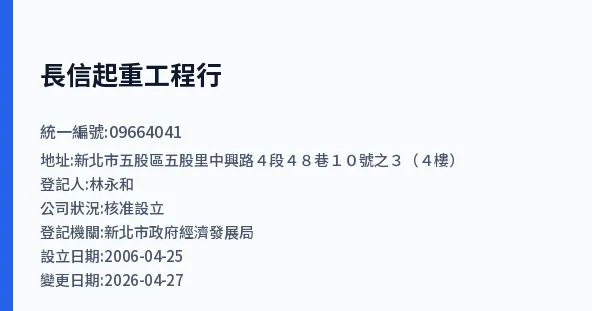 長信起重工程行的照片-統編 09664041(新北市) 公司登記資料與營業項目詳細圖表