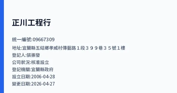 正川工程行的照片-統編 09667309(宜蘭縣) 公司登記資料與營業項目詳細圖表
