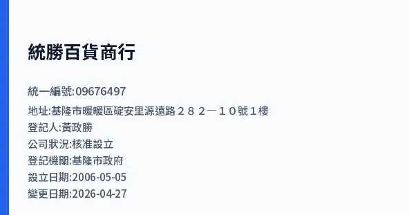 統勝百貨商行的照片-統編 09676497(基隆市) 公司登記資料與營業項目詳細圖表