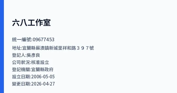 六八工作室的照片-統編 09677453(宜蘭縣) 公司登記資料與營業項目詳細圖表