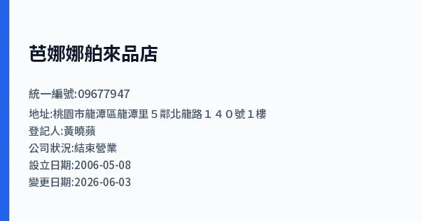 芭娜娜舶來品店的照片-統編 09677947(桃園市) 公司登記資料與營業項目詳細圖表