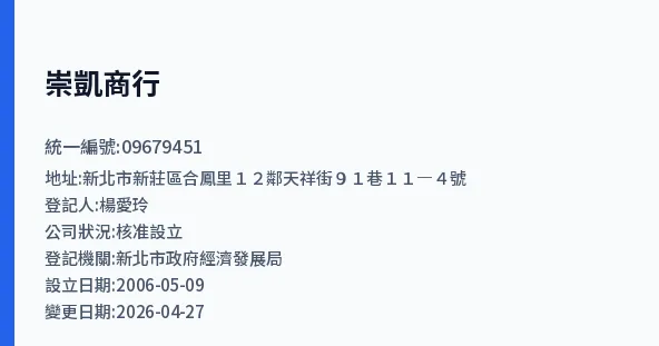 崇凱商行的照片-統編 09679451(新北市) 公司登記資料與營業項目詳細圖表