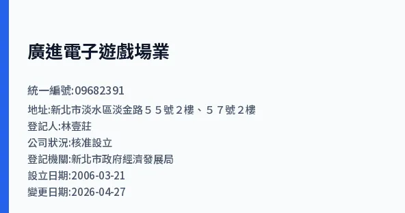 廣進電子遊戲場業的照片-統編 09682391(新北市) 公司登記資料與營業項目詳細圖表