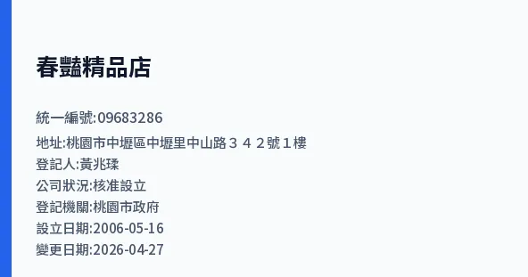 春豔精品店的照片-統編 09683286(桃園市) 公司登記資料與營業項目詳細圖表