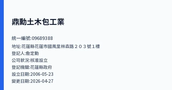 鼎勳土木包工業的照片-統編 09689388(花蓮縣) 公司登記資料與營業項目詳細圖表