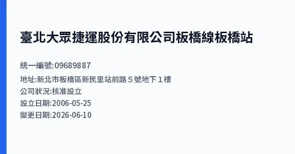 臺北大眾捷運股份有限公司板橋線板橋站的照片-統編 09689887(新北市) 公司登記資料與營業項目詳細圖表