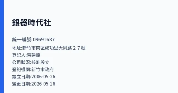 銀器時代社的照片-統編 09691687(新竹市) 公司登記資料與營業項目詳細圖表