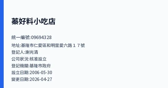 蓁好料小吃店的照片-統編 09694328(基隆市) 公司登記資料與營業項目詳細圖表
